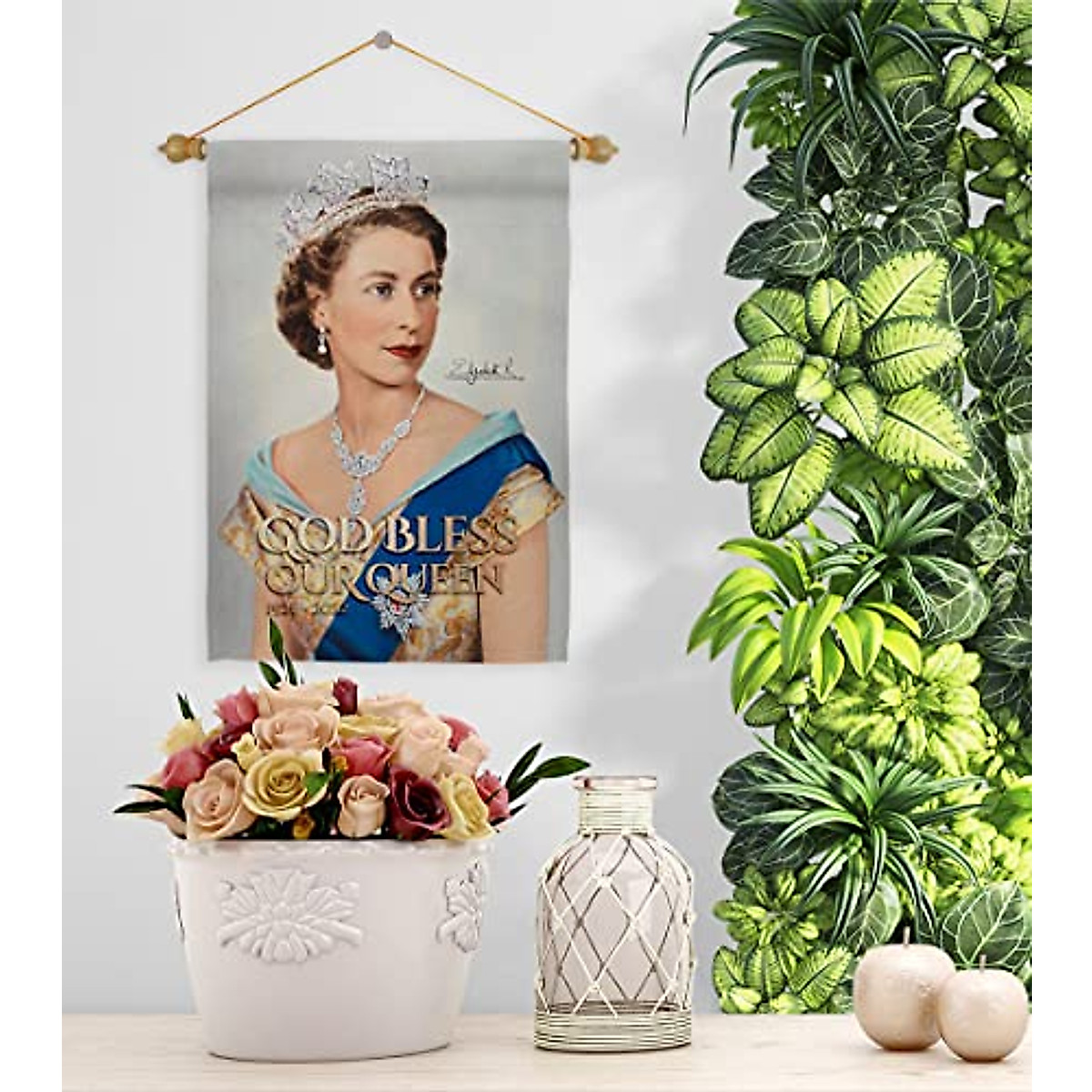 Queen Elizabeth II Flag Set Wood Dowel Sweet Life Sympathy Remembrance Memorial Bereavement Love Support Emotion Postive - House Banner Small Yard Gift Double-Sided 13 X 18.5