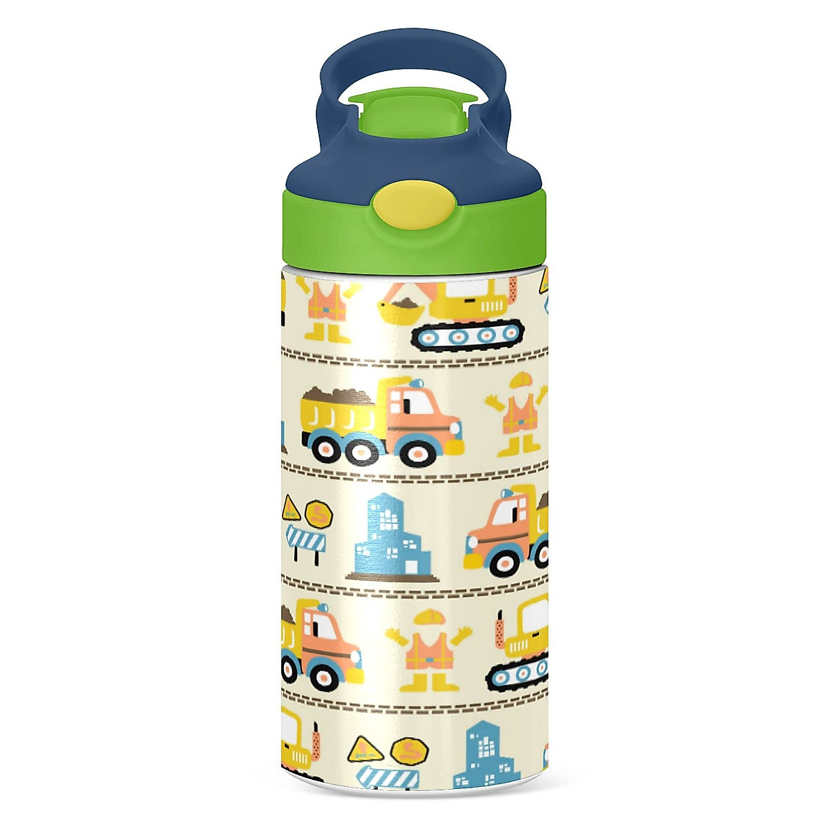 Cartoon Construction Truck Kids Water Bottle, BPA-Free Vacuum Insulated Stainless Steel Water Bottle with Straw Lid Double Walled Leakproof Flask for Girls Boys Toddlers, 12Oz