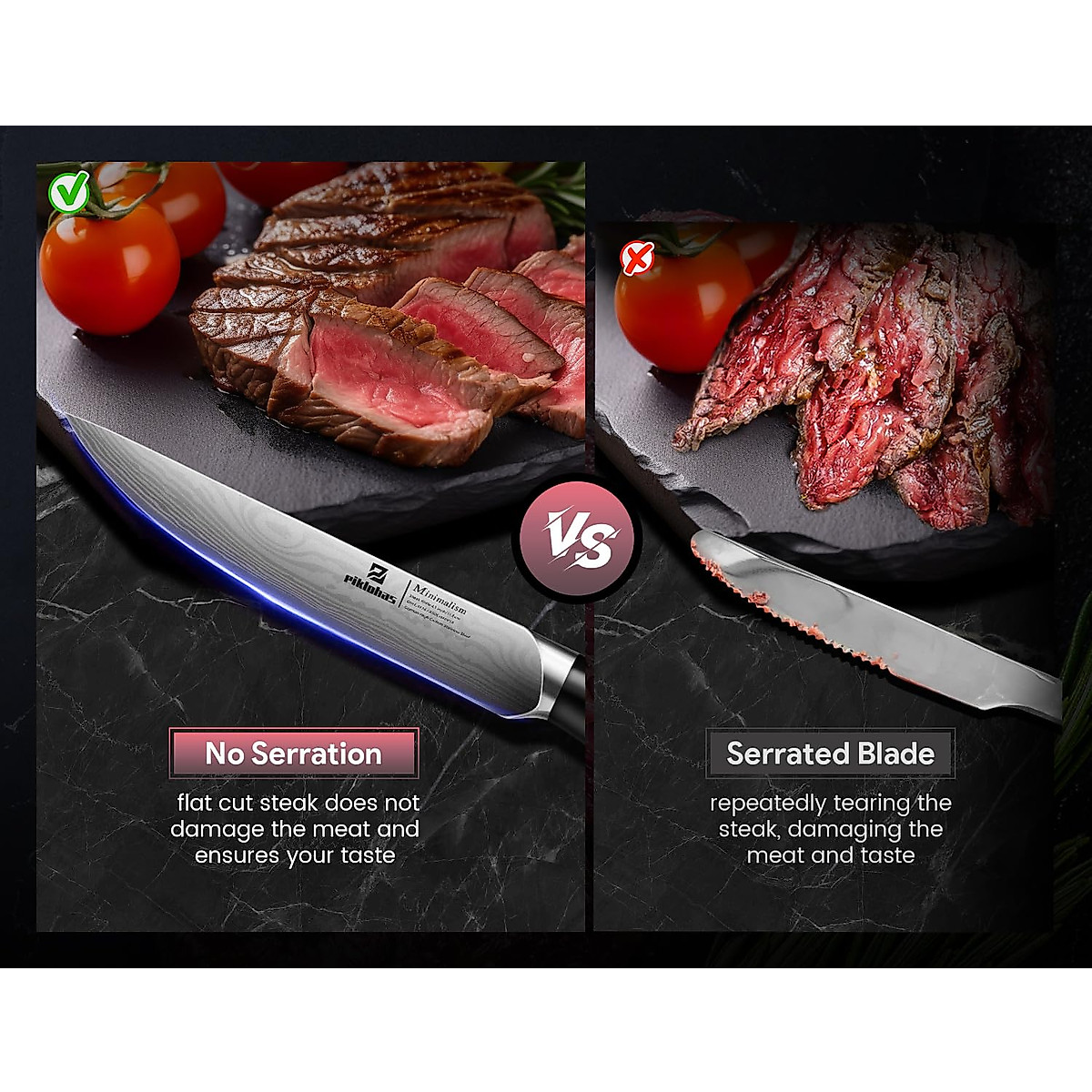 Piklohas Steak Knives Set of 4, 4.5 Inch Non Serrated Dinner Knife, Forged German Steel Damascus Pattern Straight Edge Meat Knife with Full Tang Handle, Dishwasher Safe, Ideal for Gift