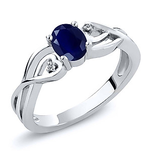 Gem Stone King 925 Sterling Silver Oval Blue Sapphire and White Lab Grown Diamond 3 Stone Engagement Ring For Women (0.56 Cttw, Gemstone Birthstone, Available In Size 5, 6, 7, 8, 9)