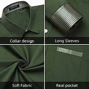 Enlision Green Dress Shirts for Men Long Sleeve Men's Casual Button-Down Shirts Houndstooth Inner Contrast Shirt Olive Regular Fit for Wedding Prom Party M