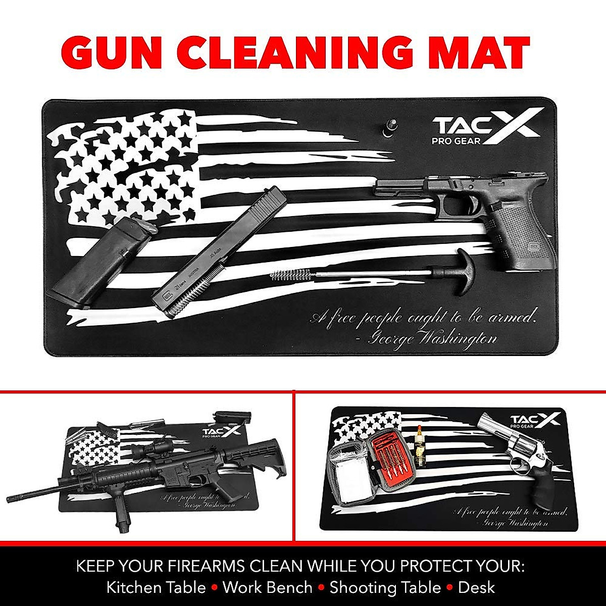 Gun Cleaning Mat | 12 x 24 Inch | 2A Tattered Distressed US Flag | 3mm Padded Non-Slip | Oil & Solvent Resistant Pistol or Rifle Build Pad | Large Workbench or Shooting Mat | Gun Cleaning Kit Add-On