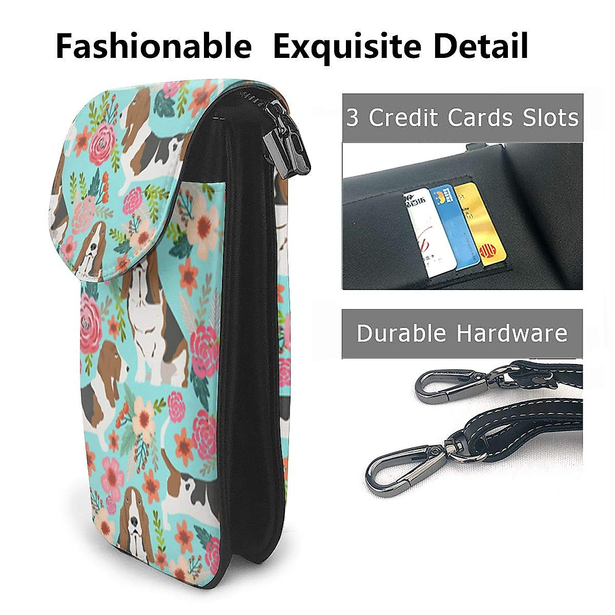 Perfect Gift - Stylish Sweet Basset Hound And Vintage Florals Cell Phone Purse Wallet Big Pocket Small Crossbody Bags Adjustable Shoulder Strap Cellphone Pouch With Card Slots