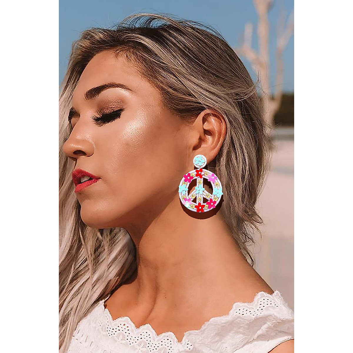 Beaded Dangle Earrings for Women Dangling Flower Hoop Earrings Peace Sign Drop Earrings Statement Handmade Boho Fashion Spring Summer Earring Studs Jewelry Gifts
