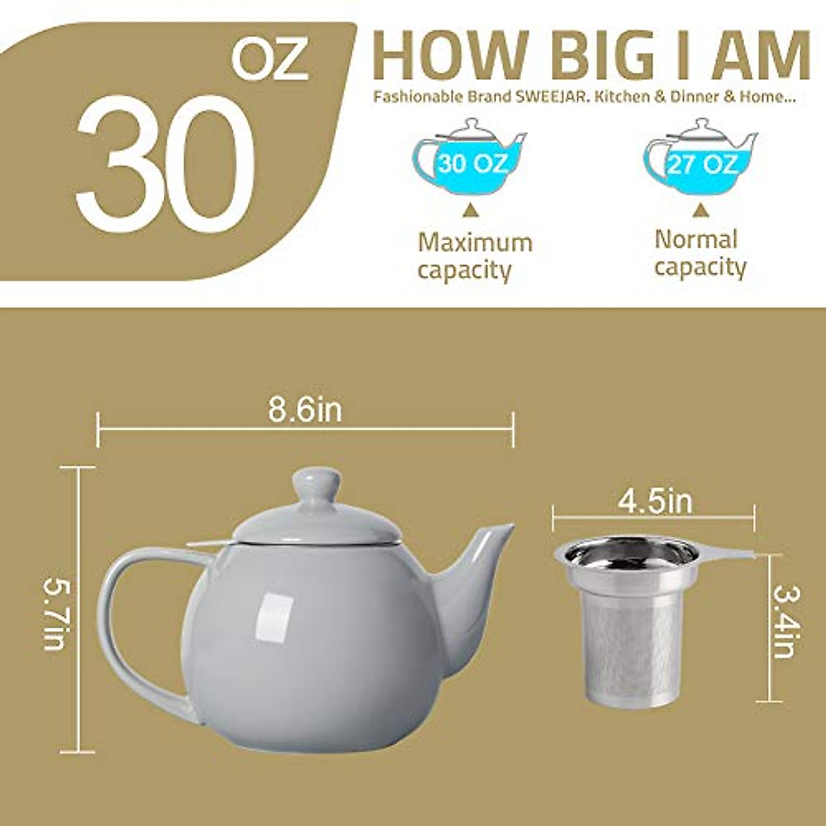 Sweejar Porcelain Tea Pot with Infuser and Lid,Teaware with Filter 28 OZ for Tea/Coffee/Milk/Women/Office/Home/Gift (White)