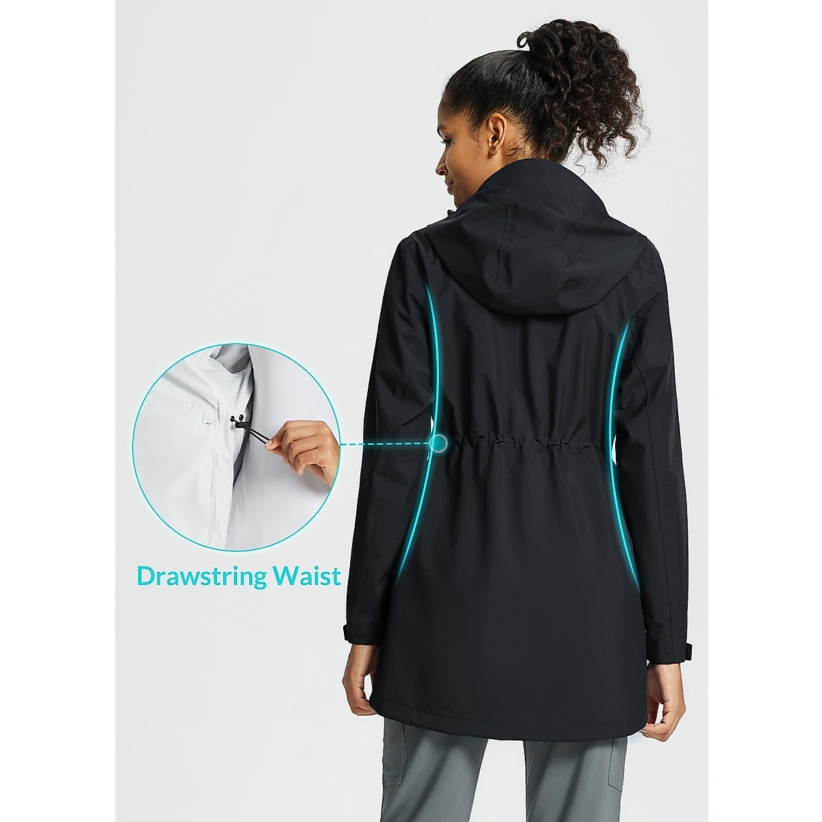 BALEAF Women's Rain Jacket Waterproof Lightweight Long Raincoat Travel Outdoor Hiking Hooded Windbreaker Black M