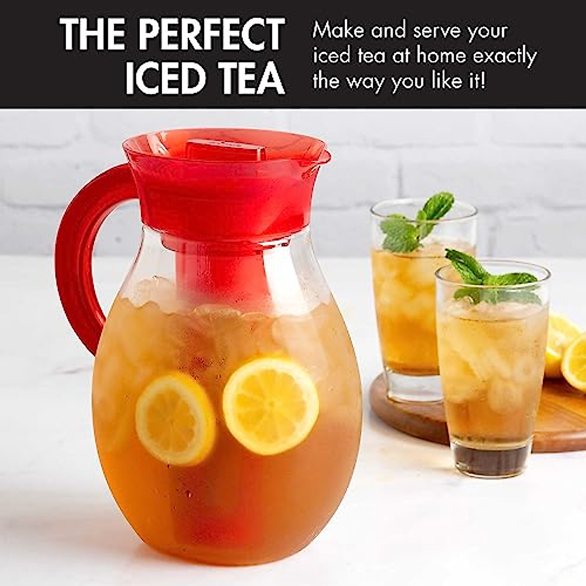 Primula The Big Iced Tea Maker Tritan Plastic Infusion Beverage Pitcher with Leak Proof, Airtight Lid, Fine Mesh Resuable Filter, Manufactured without PFOA, Dishwasher Safe, 1-Gallon, Red