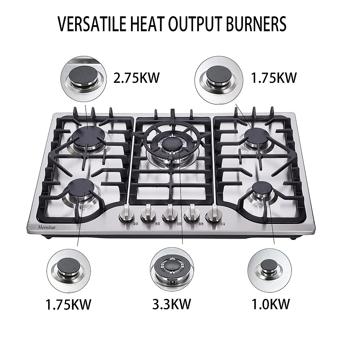 Henshar 30 inch Gas Cooktop, Built-In Gas Stovetop 5 Sealed Burners Stainless Steel Cas Stove, NG/LPG Convertible Gas Hob KN5704
