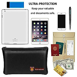 Fireproof Money Safe Document Bag. Non-Itchy Silicone Coated Fire & Water Resistant Safe Cash Bag. Fireproof Safe Storage for A5 Size File Folder Holder, Money, Document, Ipad, Jewelry and Passport