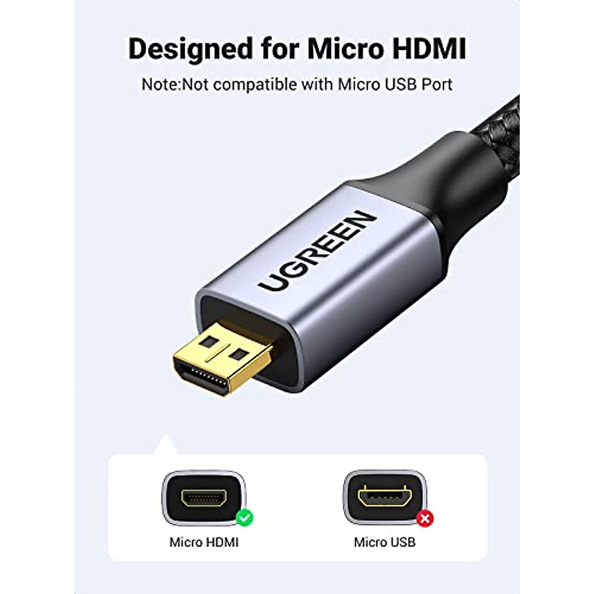 UGREEN 4K Micro HDMI to HDMI Cable 6.6FT, Aluminum Shell Braided High Speed 18Gbps,4K 60Hz HDR 3D ARC Compatible with GoPro Hero 7 6 5 Raspberry Pi 4 Sony A6000 A6300 Camera Nikon B500 Yoga 3 Pro