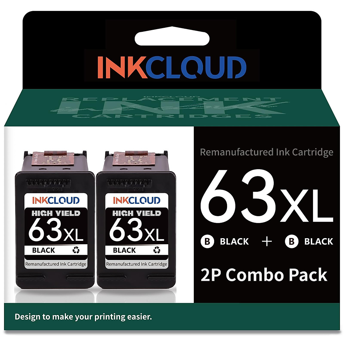 2Pack Higher Yield 63XL XXL Remanufactured Black Ink Cartridges for Replacement for HP 63XL for HP OfficeJet 3830 5255 5258 Envy 4520 4512 4513 4516 DeskJet 1112 1110 3630 3632