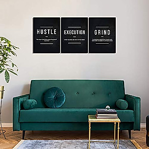 Motivational Posters Inspirational Wall Art Motivation Canvas Paintings Wooden Framed Hustle Wall Decor Black 3 Pieces Office Wall Art for Living Room Bedroom Home Decor Easy to Hang(36”Wx16”H)