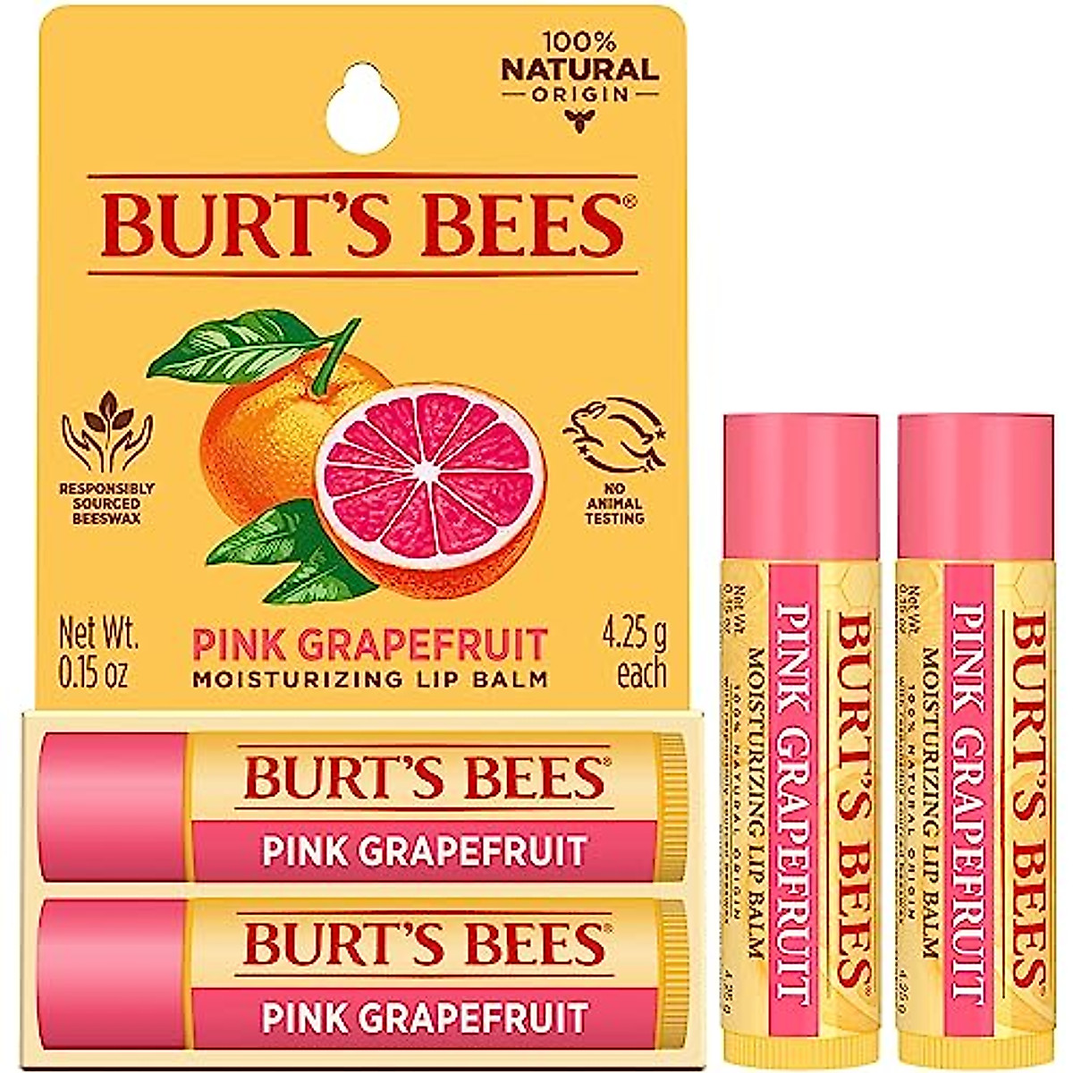 Burt's Bees Lip Balm - Pink Grapefruit, Lip Moisturizer With Responsibly Sourced Beeswax, Tint-Free, Natural Origin Conditioning Treatment, 2 Tubes, 0.15 oz.