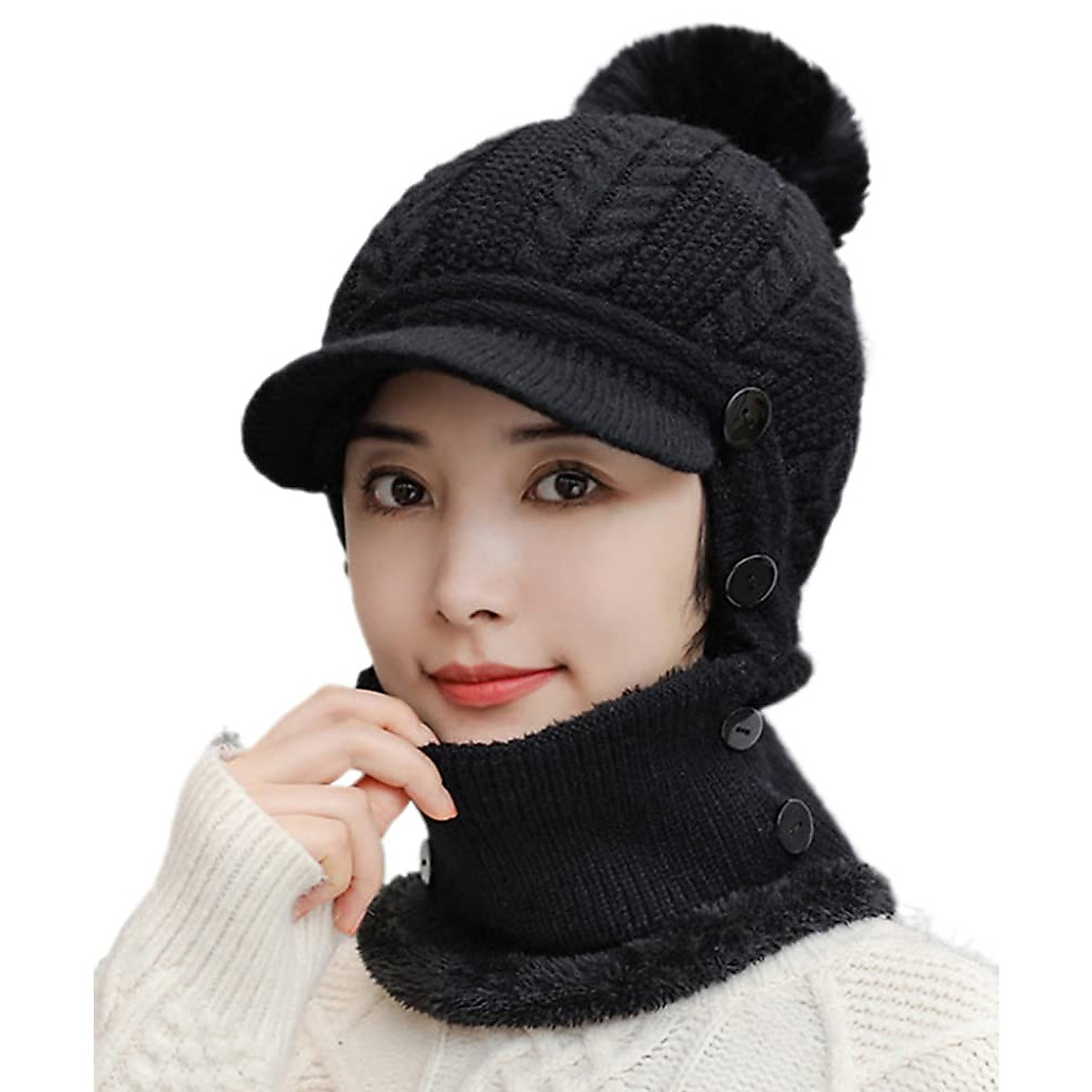 Women One Piece Slouchy Fleece Beanie Hats Scarf Mask Warm Winter Knitted Hat Thick Skull Ski Cap A-Black