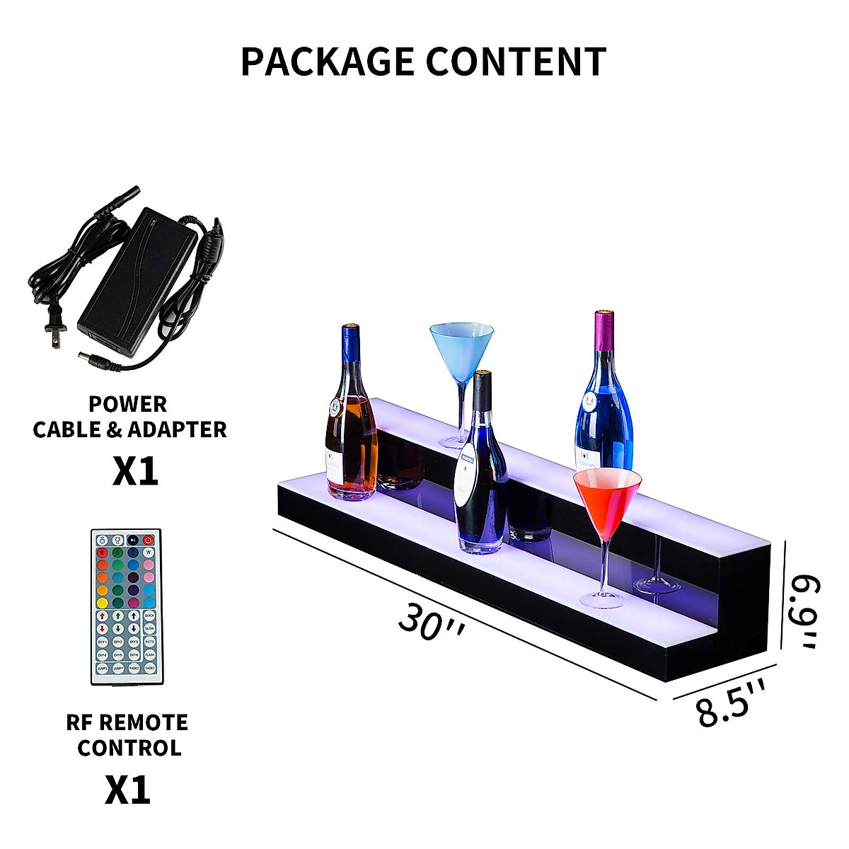 SUNCOO 30In 2 Step LED Liquor Bottle Display Shelf Illuminated Bottle Shelf Color Changing with LED Color Remote Control L30xW8-1/2xH6-1/2''
