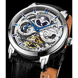 Stuhrling Original Legacy Men's Automatic Watch Stainless Steel 46 MM Case Genuine Leather Strap Watch Black (Silver)