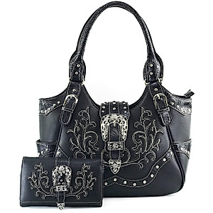 Justin West Concealed Carry Laser Cut Leather Floral Embroidery Rhinestone Berry Concho Studded Shoulder | Tote | Handbag Purse | Messenger Crossbody | Trifold Wallet (Black Purse and Wallet Set)