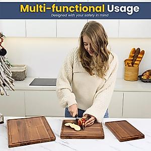KOLWOVEN Wood Cutting Boards for Kitchen - Set of 3, Wooden Cutting Board Set with Holder for Chopping Meat, Cheese, Fruits, Vegetables, Knife Friendly Serving Tray