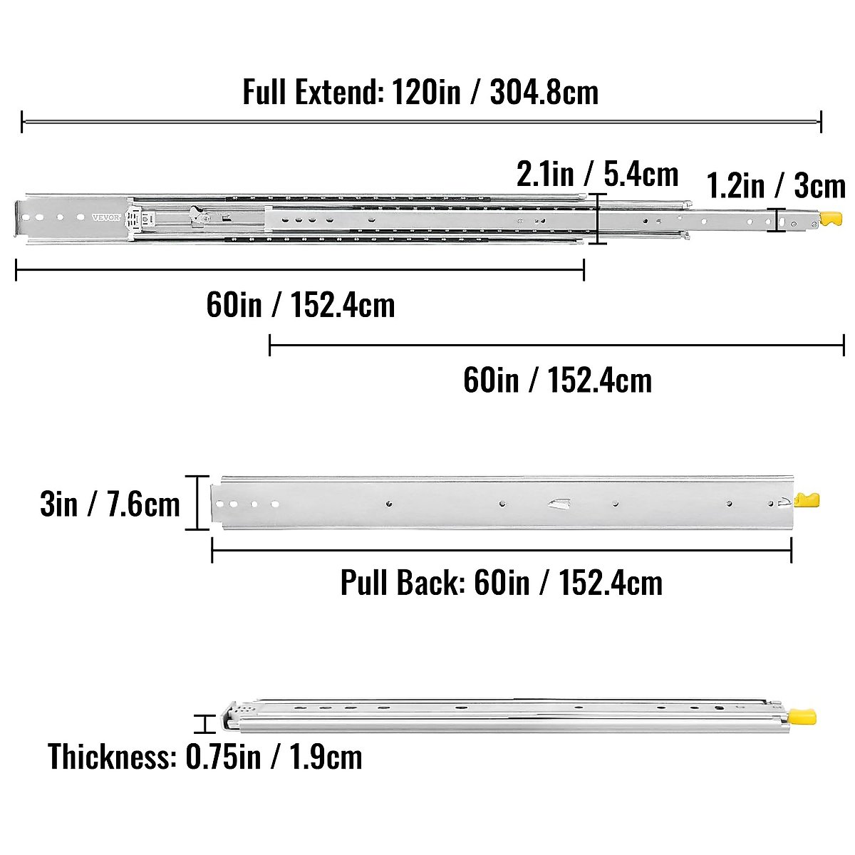 VEVOR Drawer Slides with Lock, 1 Pair 60 inch, Industrial Drawer Slides up to 500 lbs Capacity, 3-Fold Full Extension, Ball Bearing Lock-in & Lock-Out, Side Mount