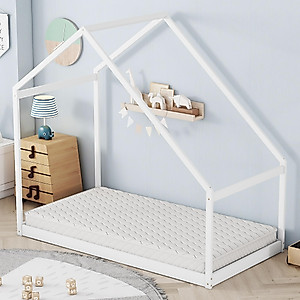 Merax Twin Bed Frames with Roof for Kids Girls Boys, Montessori Wooden House Shaped, Sturdy Framework, Easy Assembly, No Noise