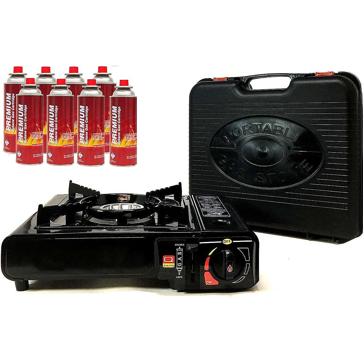 Portable Butane Gas Stove & 8 Pack Butane Canisters Complete Set With Carrying Case - Full Stainless Steel Body Electronic Ignition for Outdoor Camping Tailgating Backyard