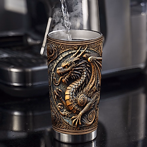 20oz Viking Dragon Tumbler, Norse Mythology, Viking Gifts for Men, Gaming, Gamers Gifts, Coffee Thermos, Stainless Steel Double Wall Vacuum Insulated Coffee Mug, Travel Cup with Lid
