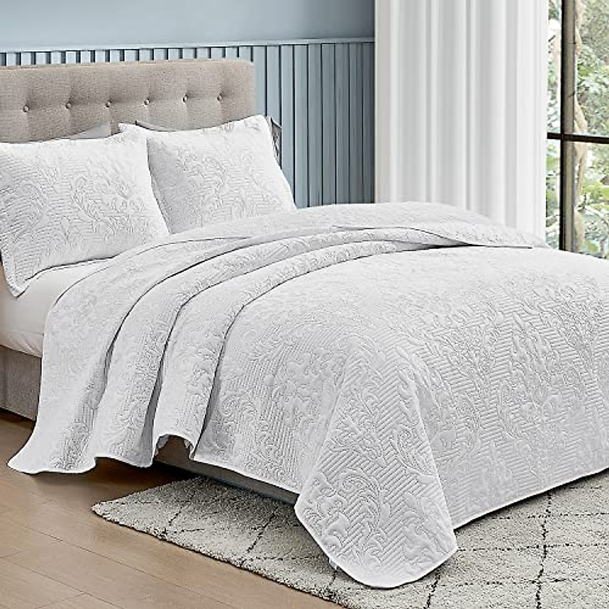 Hansleep Quilt Set King - Quilt King Size Bedding Set Damask, Lightweight Bedspread Coverlet White, Ultrasonic Quilting No Stitch