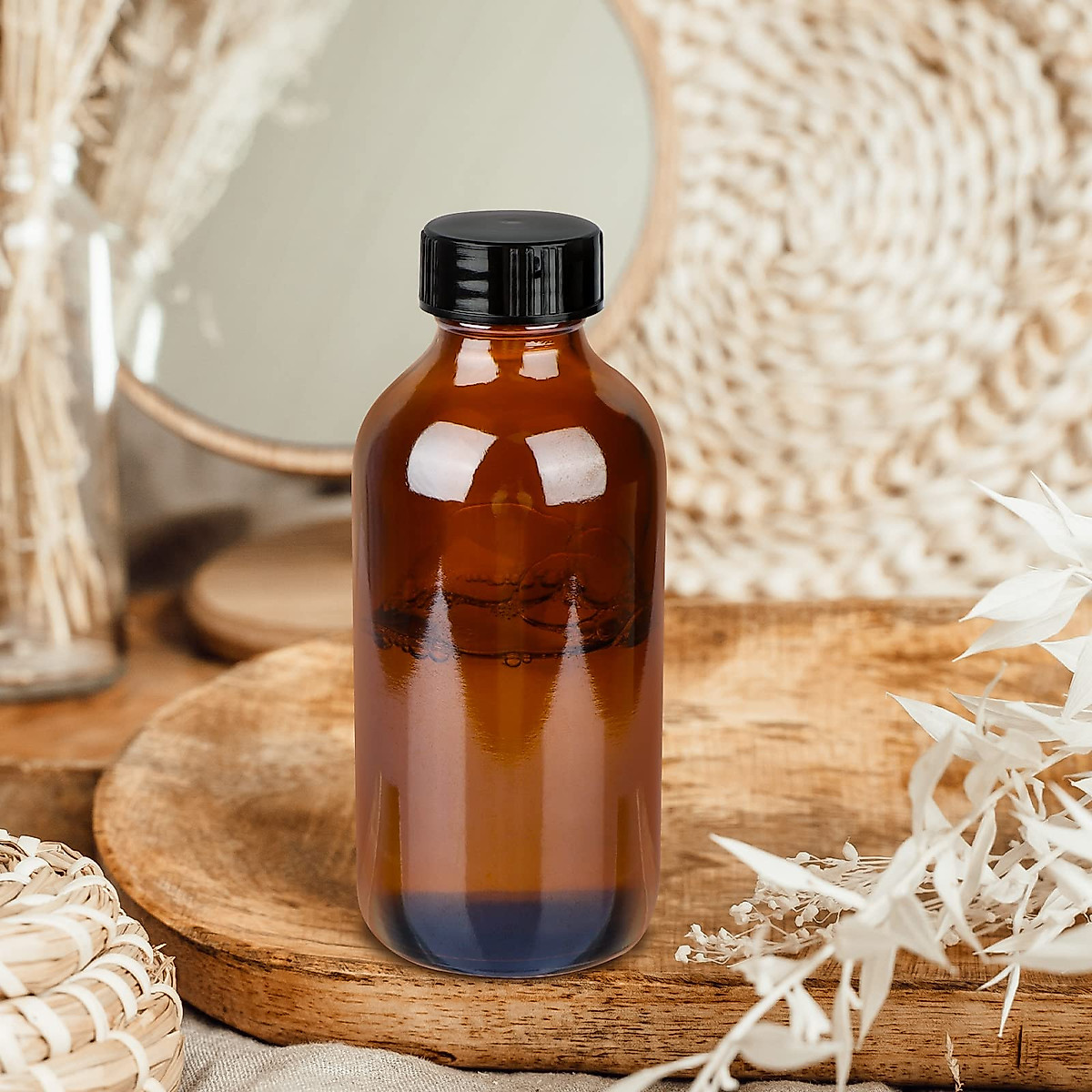 PINIWON 24 Pack 4 oz Amber Glass Bottles, 120ml Boston Round Sample Bottles with Black Poly Cone Caps, Labels, Funnels and Brush