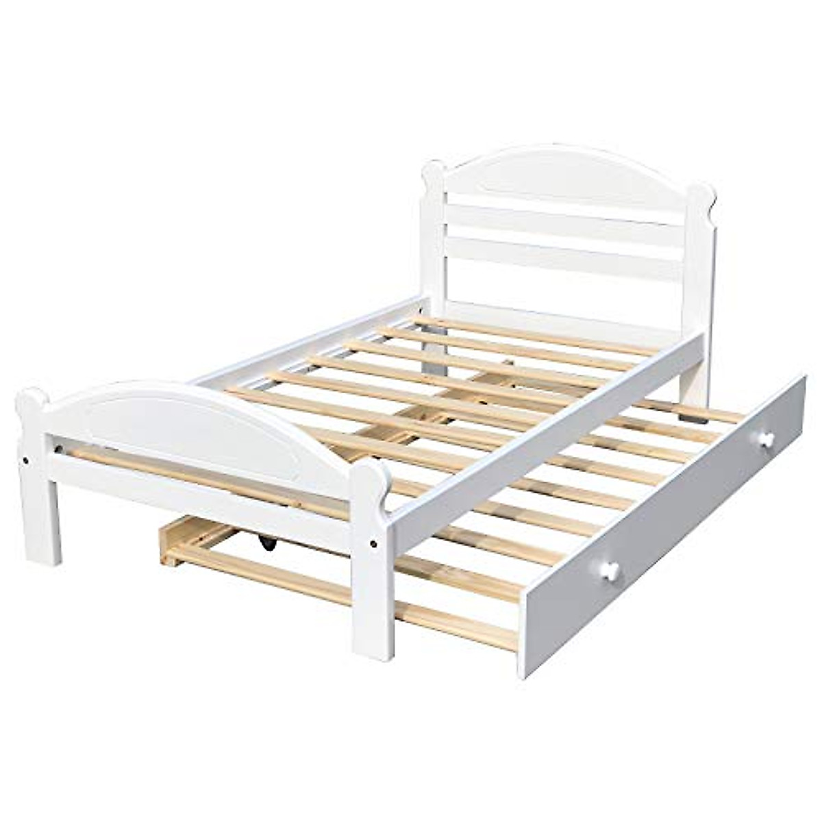 Twin Trundle Bed White Finish Solid Pine Wooden Arizona Trundle Bed 39 x 75 in Wooden Slats Support Unfinished Bedroom Single Wooden Bed Frame Hand Finished