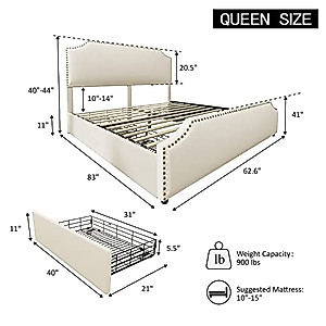 AMERLIFE Queen Size Bed Frame with 4 Storage Drawers and Headboard, Queen Velvet Upholstered Platform Bed with Rivet Curved Adjustable Headboard/Strong Wooden Slats/Easy Assembly/Cream