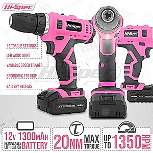 Hi-Spec 50 Piece 12V Pink Drill Driver & Multi Bit Set. High Speed Cordless & Rechargeable Electric Power Screwdriver & Drill for Household DIY. Complete in a Carry Case
