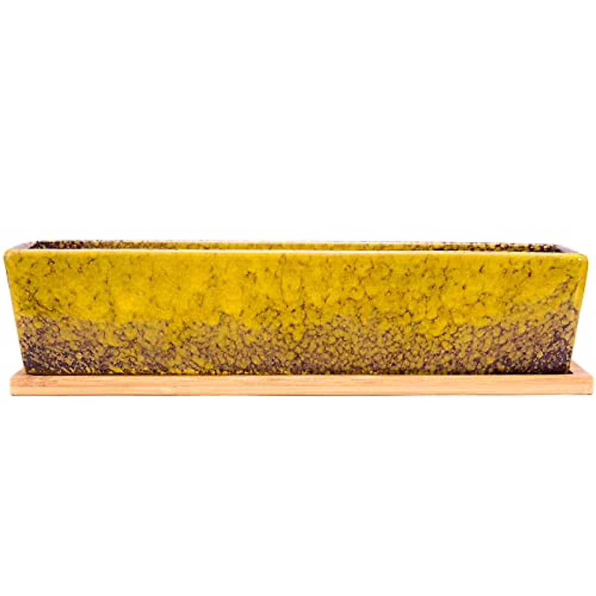 Succulent Pots - Large Succulent Planter Pots with Drainage, 12 Inch Long Rectangle Bonsai Pot with Bamboo Tray Shallow Ceramic Cactus Flower Planter Window Box for Home Garden Decor (Yellow)