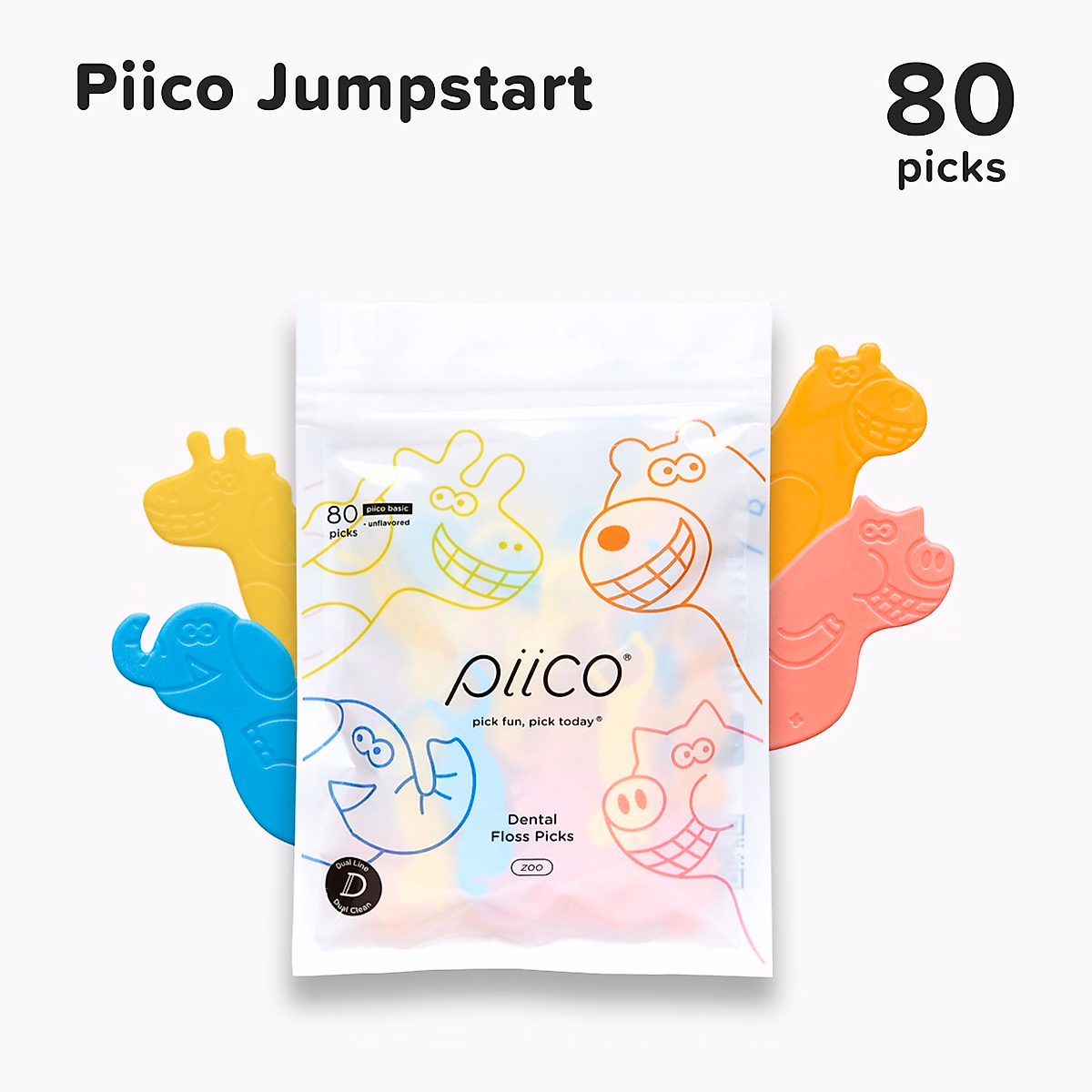 Piico Unflavored Kids Floss - No Fluoride Dual Line Dental Floss Picks - Fun Oral Care in Colorful Floss Sticks Design - Kids Flossers Avoid Tooth Decay & Gum Disease - 80 Count Zoo