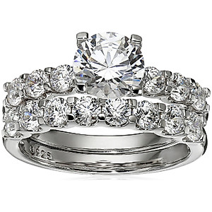 Amazon Collection Platinum-Plated Sterling Silver Infinite Elements Cubic Zirconia Round Cut Ring Set, Size 7