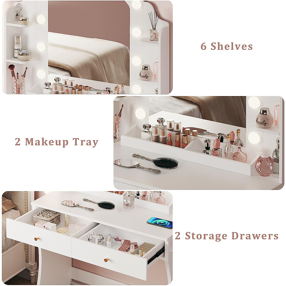 ALEXNUTRE Makeup Vanity Desk with Mirror and Lights, Vanity with Power Outlet, 3 Lighting Color Adjustable for Bedroom, Large Drawers and Storage Shelves, White