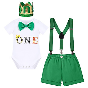 Boys Baby Jungle Cake Smash Outfit 1st Birthday Animal Print Bow Tie Romper Safari Theme Short Sets Wild Lion Crown Headbands Casual Summer 4PCS Clothes Set Green One 1T