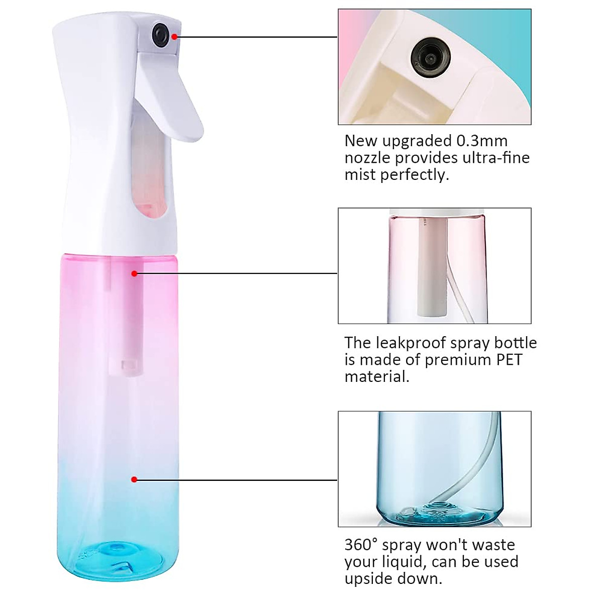 Set of 3 Continuous Spray Bottle, Refillable Fine Mist Spray Bottles, Hair Spray Bottles