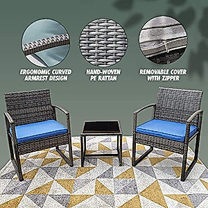 Pyramid Home Decor Black Wicker Furniture - 3 Piece Bistro Set for Outdoor Conversation - 2 Cushioned Rattan Chairs with Glass Coffee Table for Patio, Lawn, Porch, Lounge, Deck, Balcony & Living Room