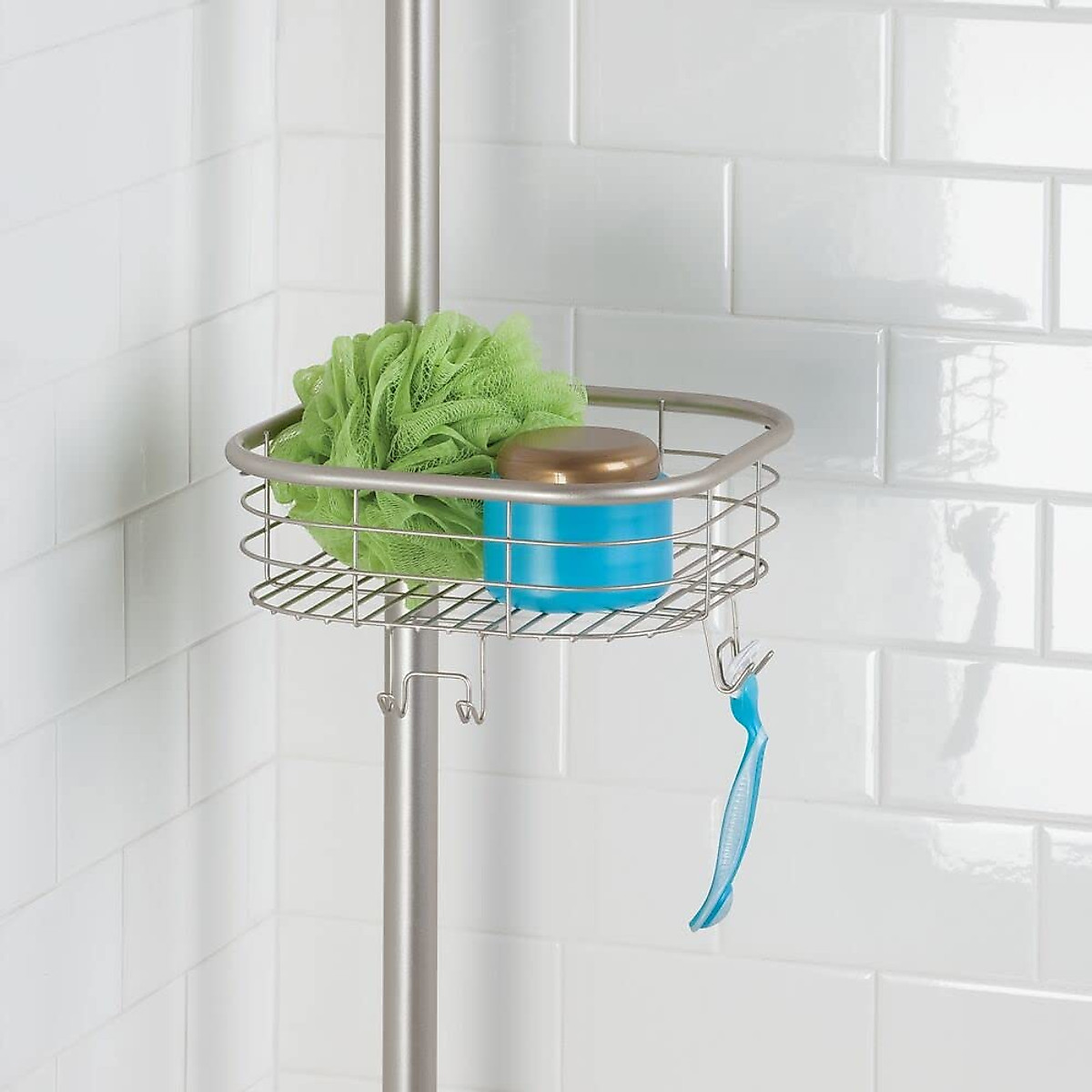 mDesign Bathroom Shower Corner Tension Pole Caddy with Adjustable Height - 4 Positionable Baskets for Organizing Shampoo, Conditioner, Shaving Cream, Soap, Loofah - Omni Collection - Satin