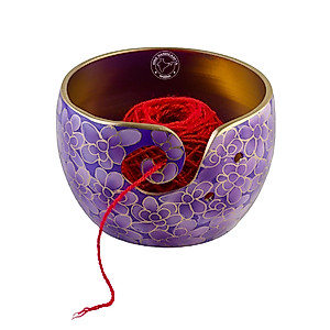 Hind Handicrafts Premium Solid Crafted Floral Metallic Finish Aluminium Portable Yarn Bowl Holder for Knitting Crochet Christmas Gift Set (6" x 6" x 4", Purple)