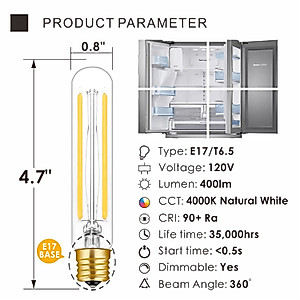 Hizashi 4W LED T6.5 Tubular Filament Bulb E17 Intermediate Base Dimmable 4.7'' Length 40W Equivalent Light Bulb 4000K Cool White 90+ CRI for Exit Sign Light, Refrigerator, Freezer, UL Listed - 4 Pack