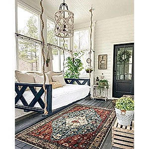 AIZHU Collection Boho Area Rug - 3’ x 5’, Non Slip Thin Entryway Rug Doormat Washable Distressed Accent Indoor Throw Low Pile Rug Front Floor Carpet for Entrance Living Room kitchen Bedrooms, Bohemian