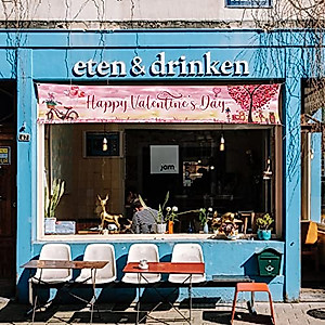 Large Happy Valentines Day Banner Outdoor Decorations 120" x 20" Valentine's Yard Sign Pink Hearts Tree Bicycle Balloons Bears Flowers Birds Holiday Party Supplies Valentine Backdrop Home Decor with Brass Grommets for Garden House Fence Garage Indoor Gift