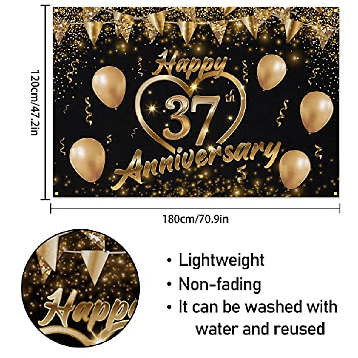 Happy 37th Anniversary Backdrop Banner Decor Black Gold – Glitter Love Heart Happy 37 Years Wedding Anniversary Party Theme Decorations for Women Men Supplies, 3.9 x 5.9 ft