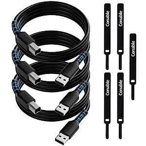 USB Printer Cable 6 Feet (3 Pack), USB 2.0 Type-A to B-Male Cord, High Speed Scanner Cord Compatible with HP, Canon, Epson, DAC, Dell, Brother, Xerox, Samsung, Piano with 5 Cable Ties- 6 ft
