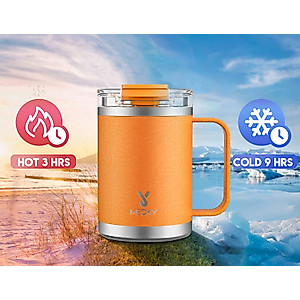 Meoky 14oz Insulated Coffee Mug with Lid and Handle, 100% Leak Proof Stainless Steel Coffee Cup with Tritan Lid, Double Wall Vacuum Coffee Tumbler with Handle (Peach)