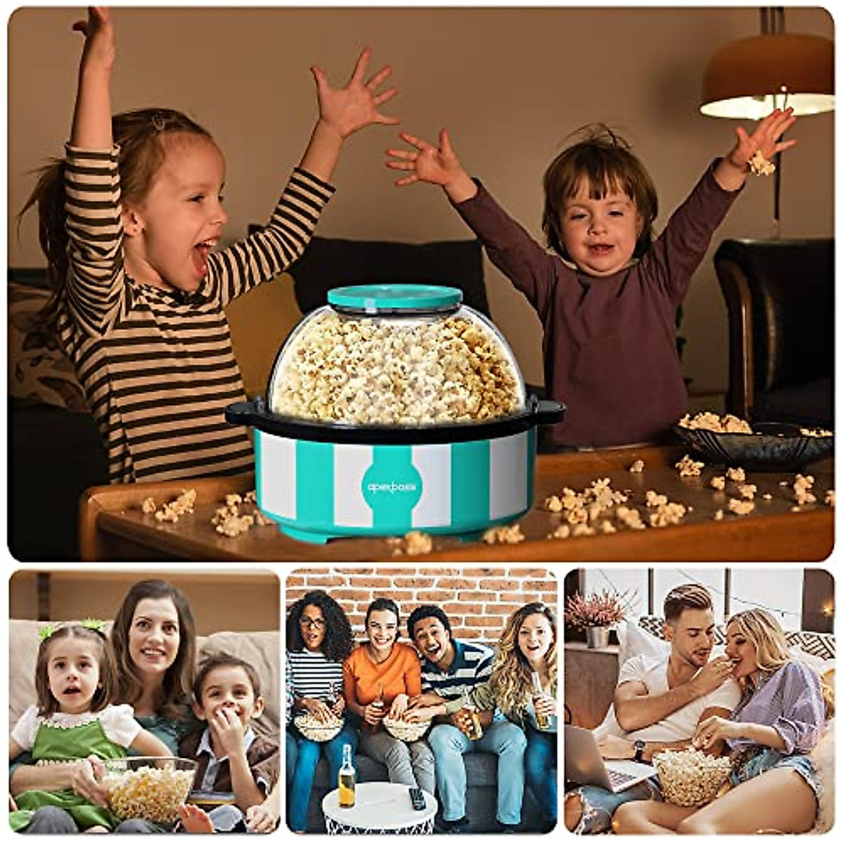Electric Popcorn Popper Maker Apexboss Stirring Popcorn & Grill Machine 2-in-1 Hot Oil Pop Corn Non Stick Cooker 4 Quarts Large Lid for Serving Bowl, 16 Cups for Home Christmas Party Kids