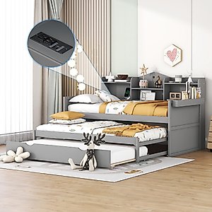 Flieks Wooden Daybed, Twin XL Bed Frame with 2 Twin Trundles, Storage Shelf, and USB Charging Ports, Wood Slat Support, No Box Spring Needed, Easy Assembly, Grey