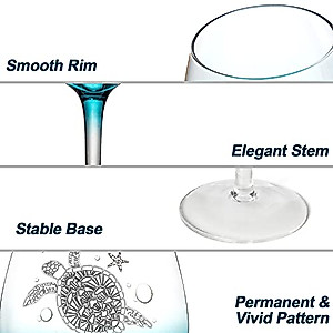 Hand Blown Wine Glasses for Red / White Wine, Set of 2 Turtle Burgundy Glasses, Gifts for Turtle Lovers Mother's Day, Teal Crackle Lead-Free Stemmed Glassware for Anniversary Wedding Birthday 19 Oz