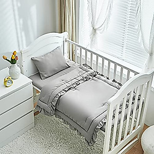 3 Pieces Crib Bedding Set Baby Ruffle Quilted Comforter with Fitted Sheet and Pillow - Cute Ruffled Shabby Chic Bedding Soft Blanket Design Gray
